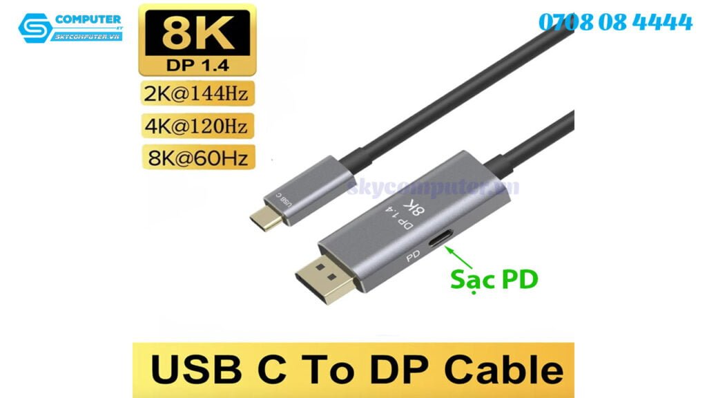USB-C Thunderbolt 3 4 to Displayport 1.4 8K60hz 4K144hz dài 1M